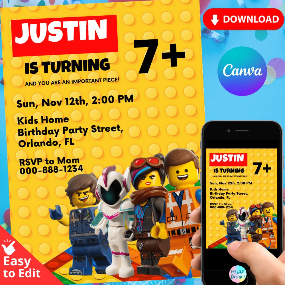 Lego Brick Birthday Invitation Template Digital | Inspire Uplift