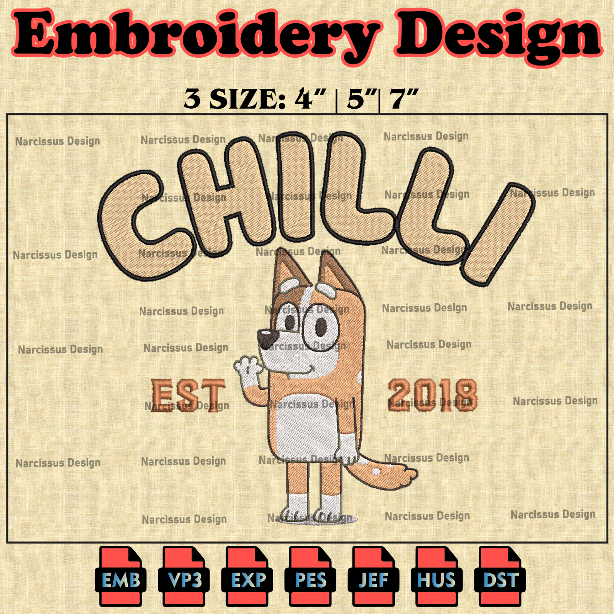 Bluey Machine Embroidery Designs, Bluey Chilli Heeler Est E | Inspire ...