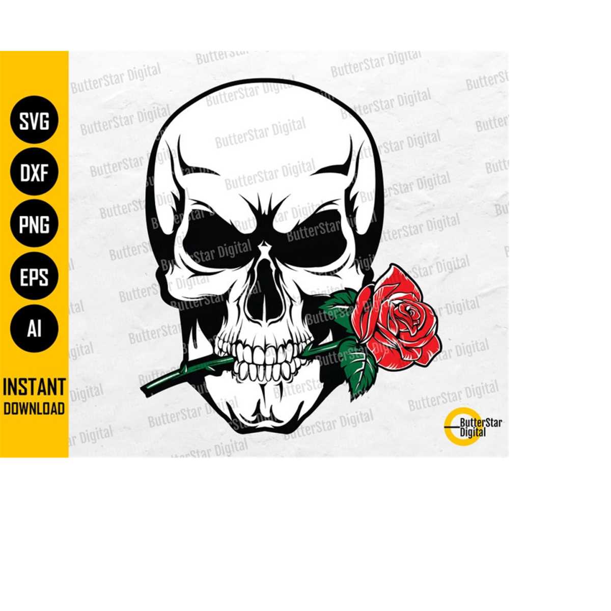 Skull Rose SVG | Skeleton Biting Rose SVG | Gothic Decal T-S - Inspire ...
