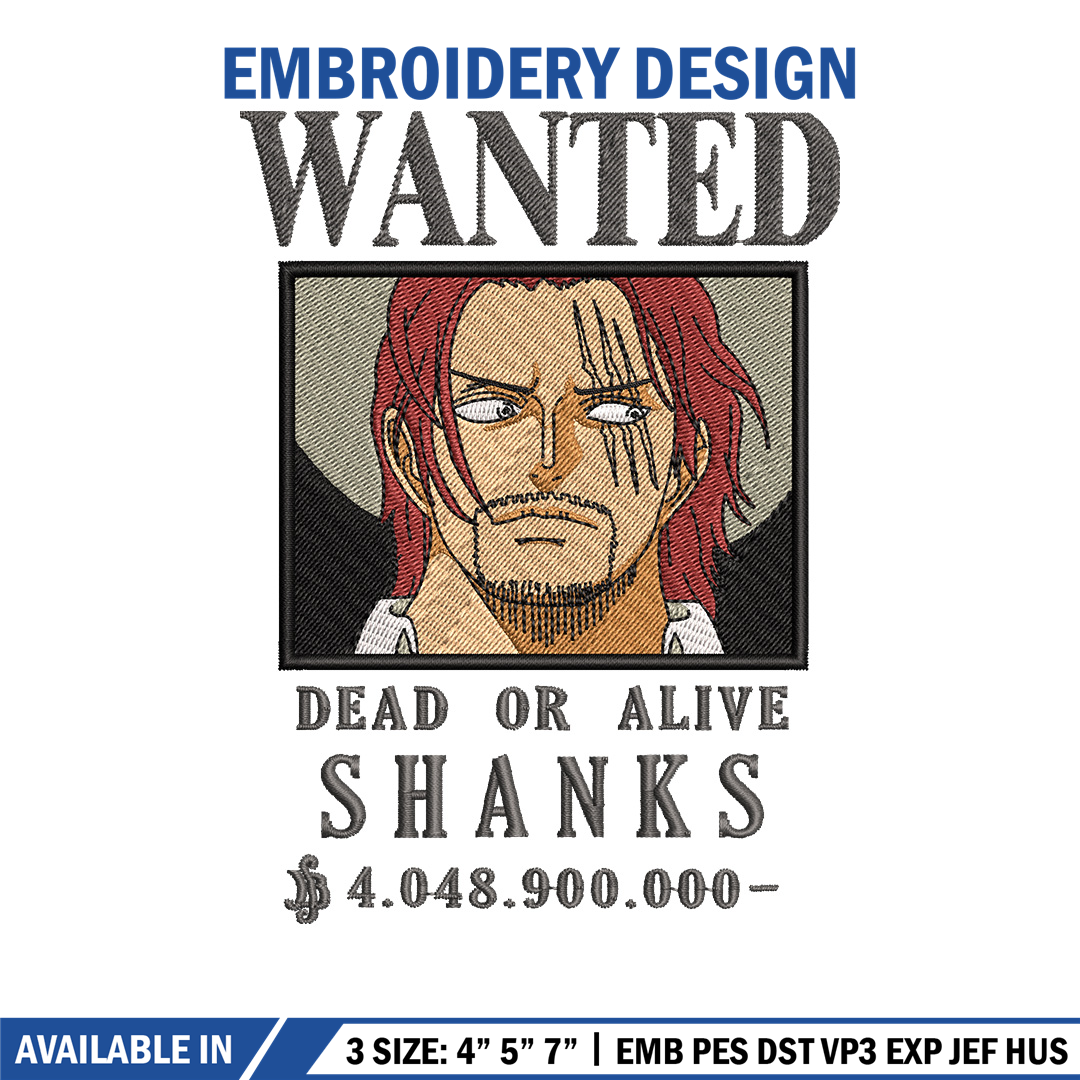 Bounty shanks embroidery design, One piece embroidery, Anime - Inspire ...