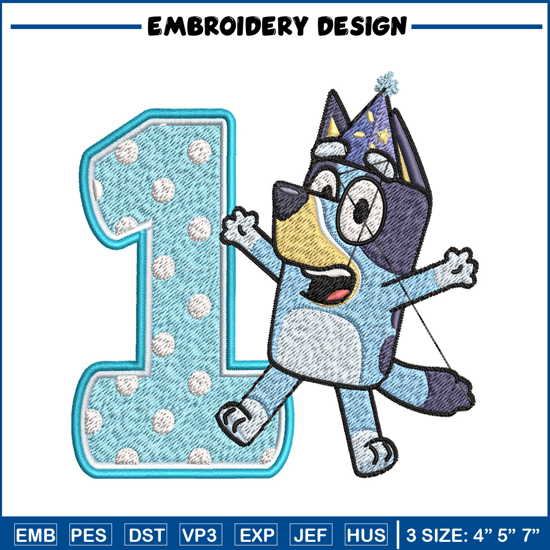 Bluey 1st Birthday Embroidery design, Bluey Cartoon Embroide | Inspire ...
