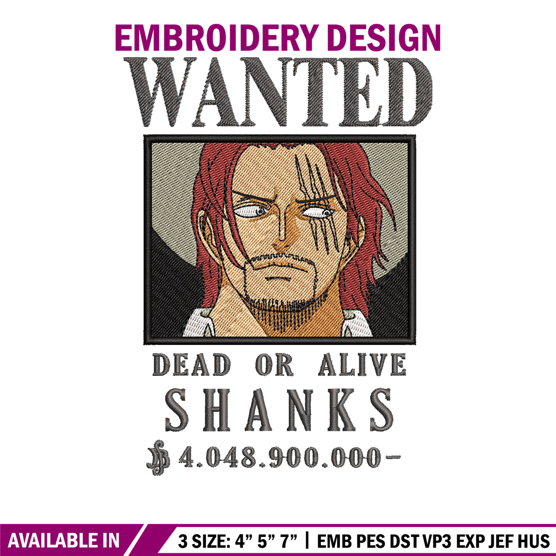 Bounty shanks embroidery design, One piece embroidery, Anime | Inspire ...