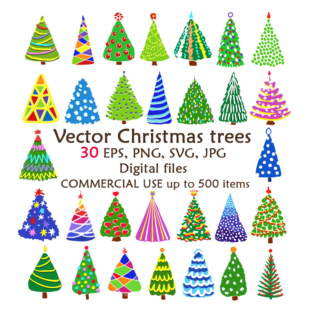 Christmas tree clip art bundle hand drawing cute cartoon set - Inspire ...