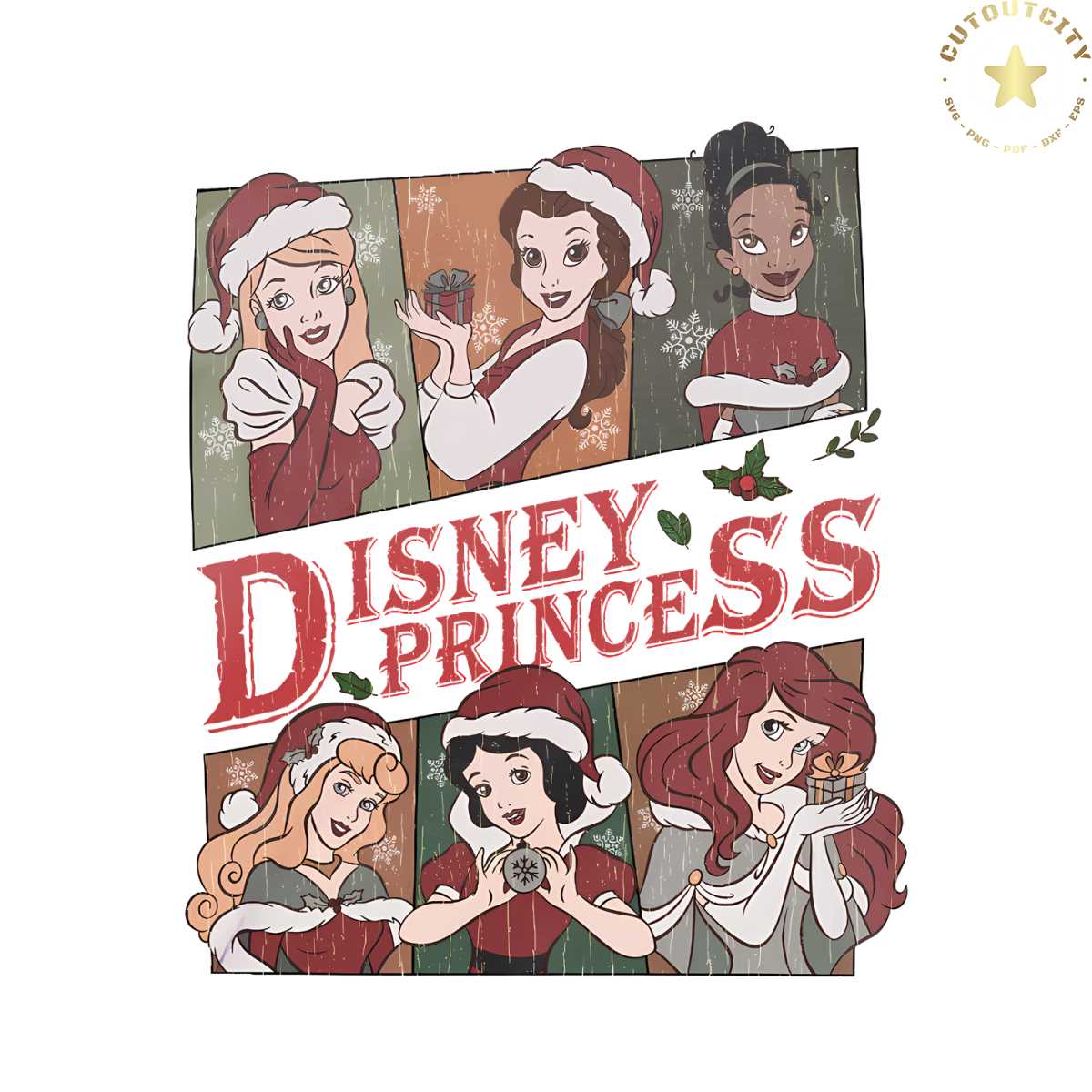 Retro Disney Princess Christmas PNG Sublimation Download | Inspire Uplift