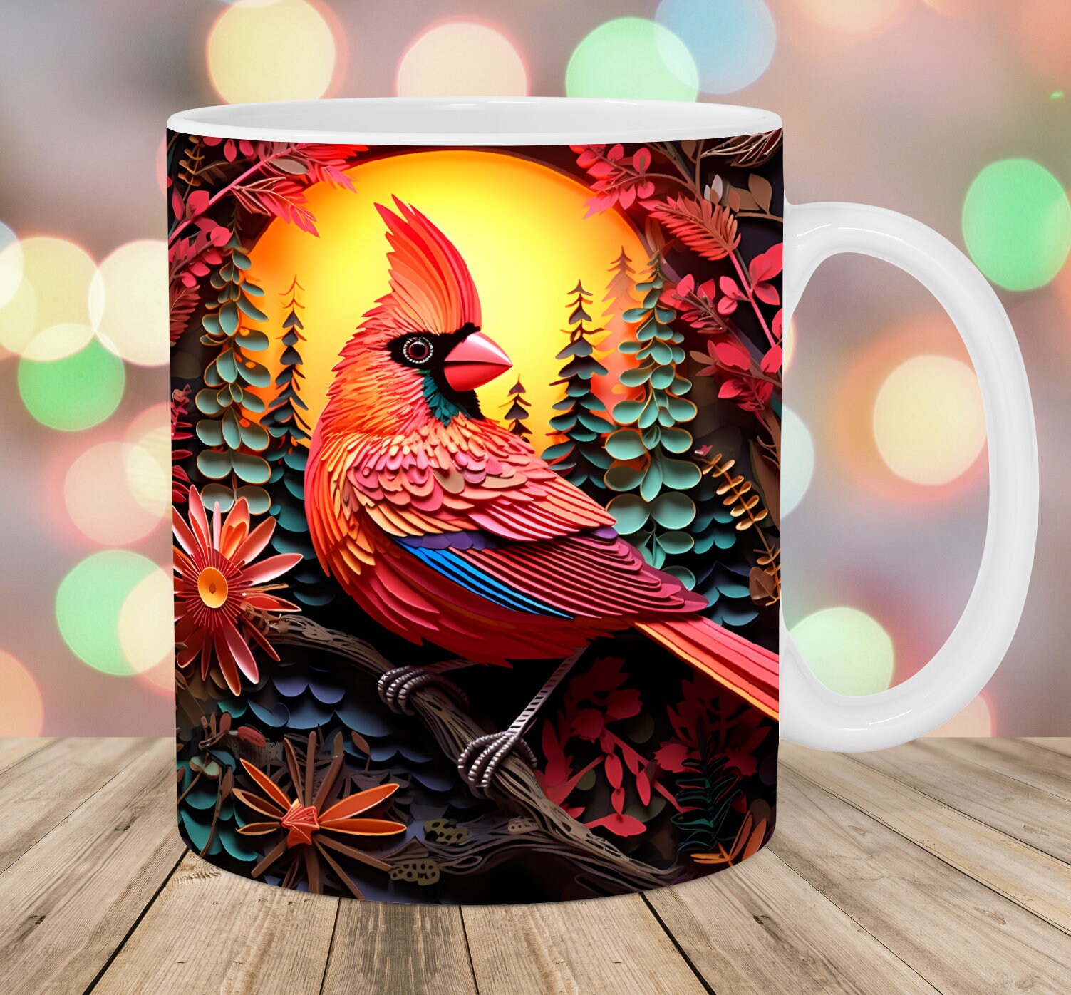 3D Red Cardinal Bird Sunset Mug - Inspire Uplift