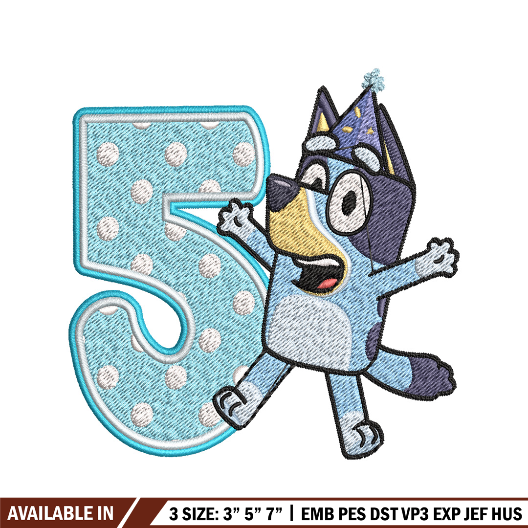 Bluey 5th Birthday Embroidery design, Bluey Cartoon Embroide | Inspire ...