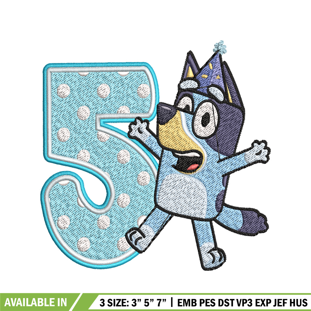 Bluey 5th Birthday Embroidery design, Bluey Cartoon Embroide - Inspire ...