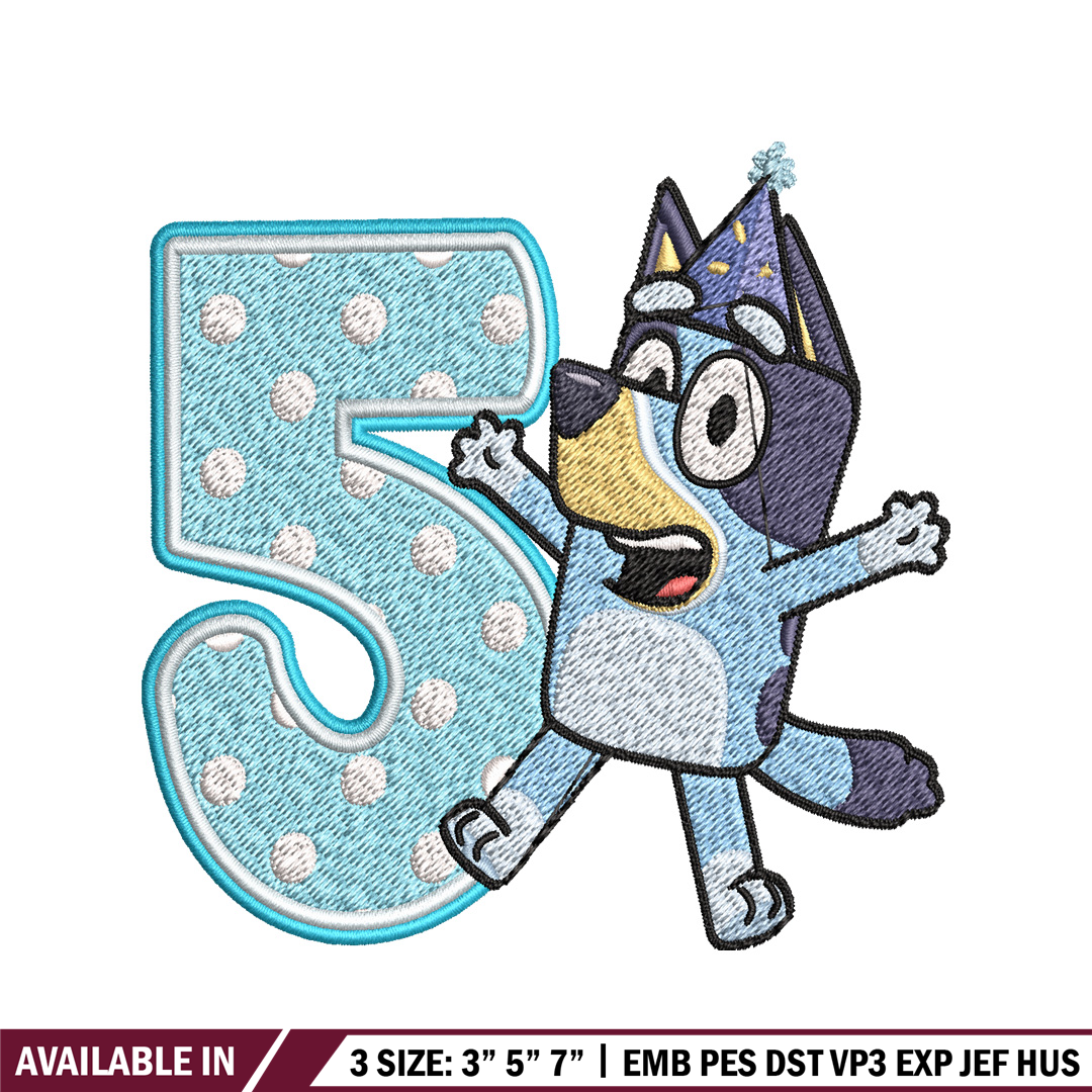 Bluey 5th Birthday Embroidery design, Bluey Cartoon Embroide | Inspire ...