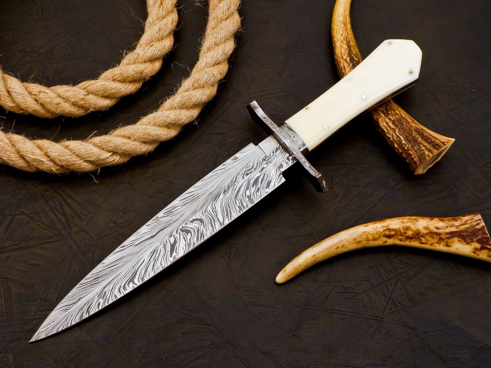 Handmade Feather Pattern Damascus Steel Hunting Knife Bone H | Inspire ...