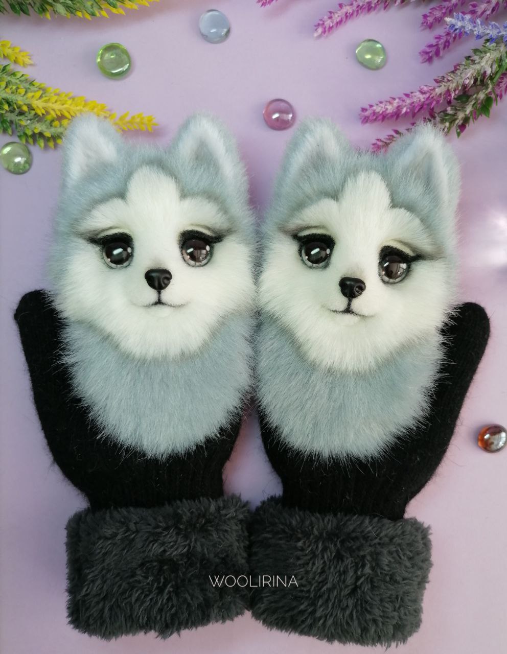 Gloves Husky Face Dog, Mittens with Puppy Malamute, Animal C | Inspire ...