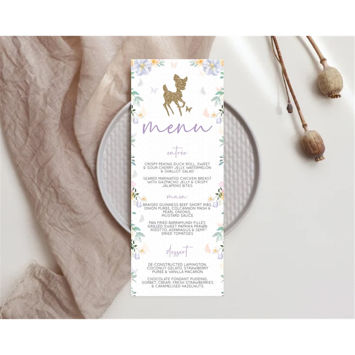 Fawn Menu Deer Menu Template Pastel Floral Deer Table Decor - Inspire ...