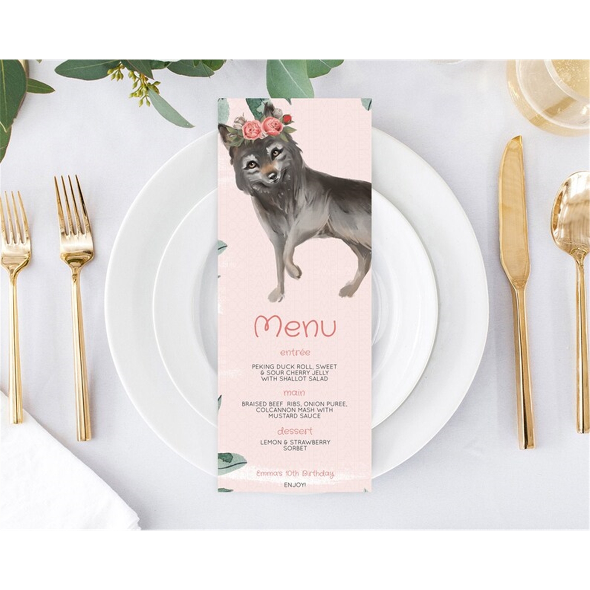 Wolf Menu Wolf Menu Template Pastel Floral Wolf Table Decor | Inspire ...