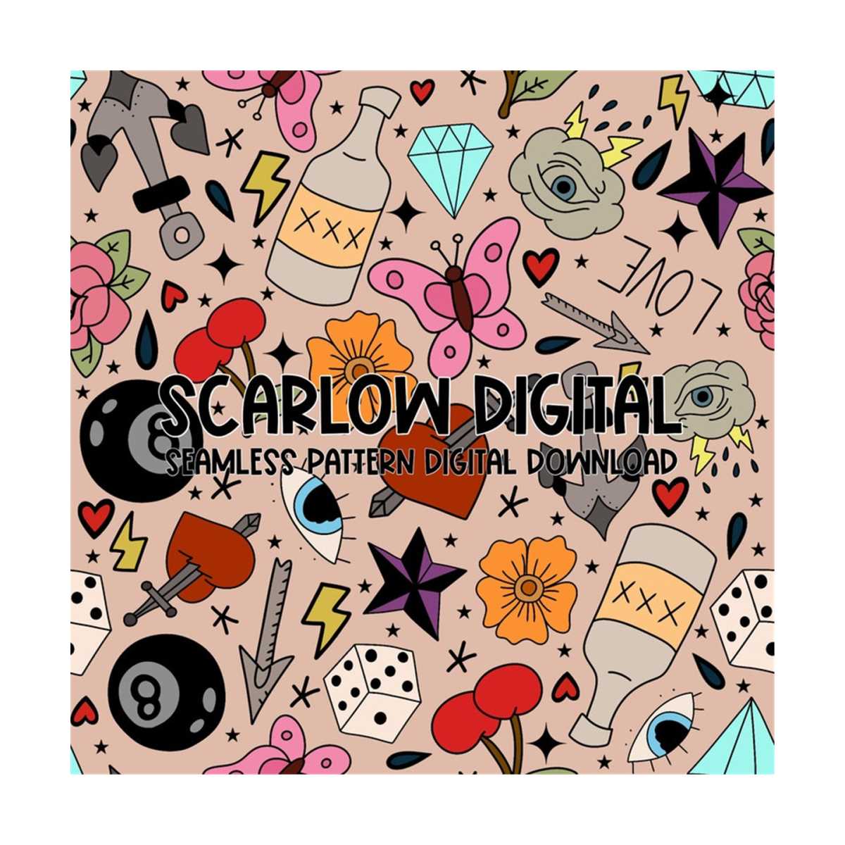 Tattoo Doodles Seamless Pattern Sublimation Design Download, | Inspire ...