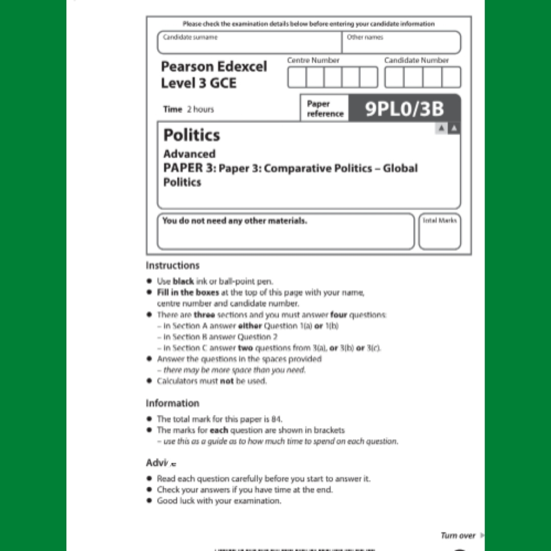 Question Paper: Pearson Edexcel A-Level 2021 Politics Paper - Inspire Uplift