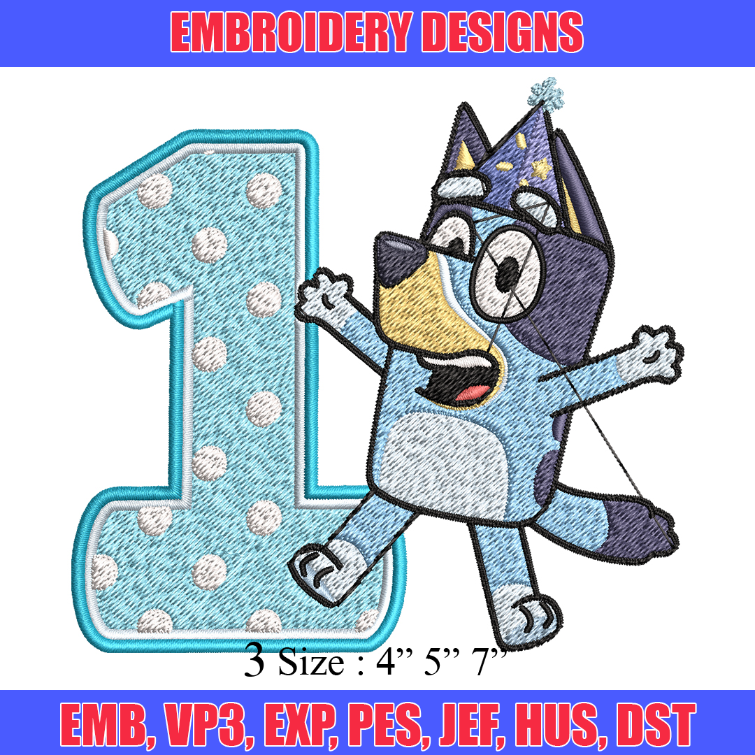 Bluey 1st Birthday Embroidery design, Bluey Cartoon Embroide | Inspire ...