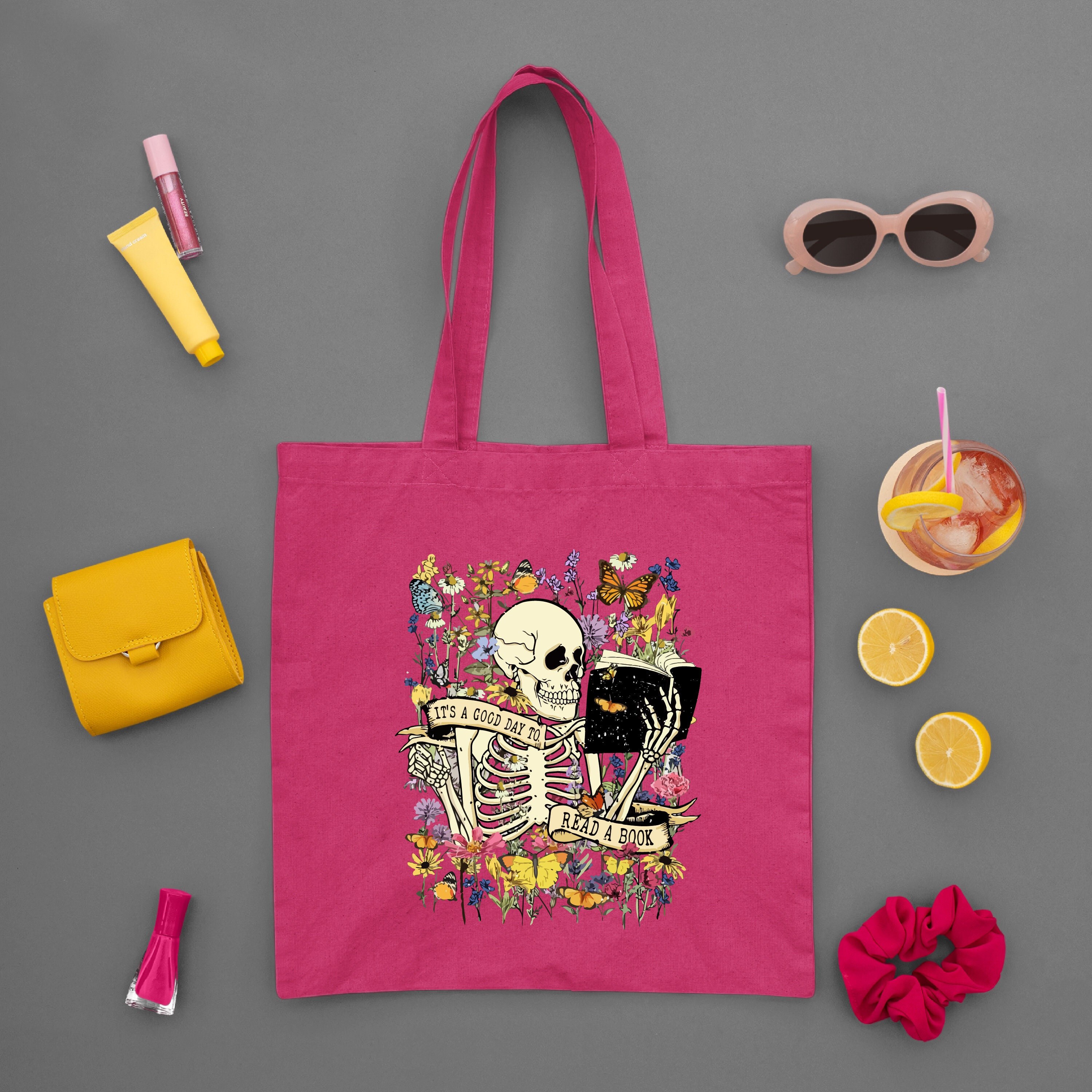 Skeleton Reading Tote Bag, Gift For Halloween, Skeleton Libr | Inspire ...