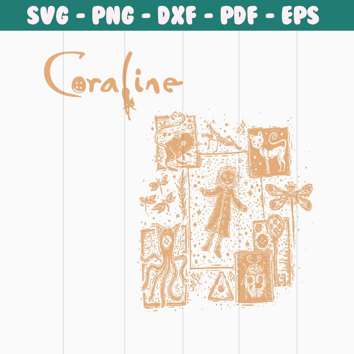 Vintage Coraline Cat Button Eyes SVG Cutting Digital File | Inspire Uplift