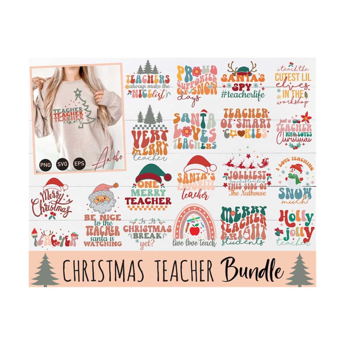 Christmas Teacher Svg Png Bundle, Retro Teacher Christmas Sv | Inspire ...
