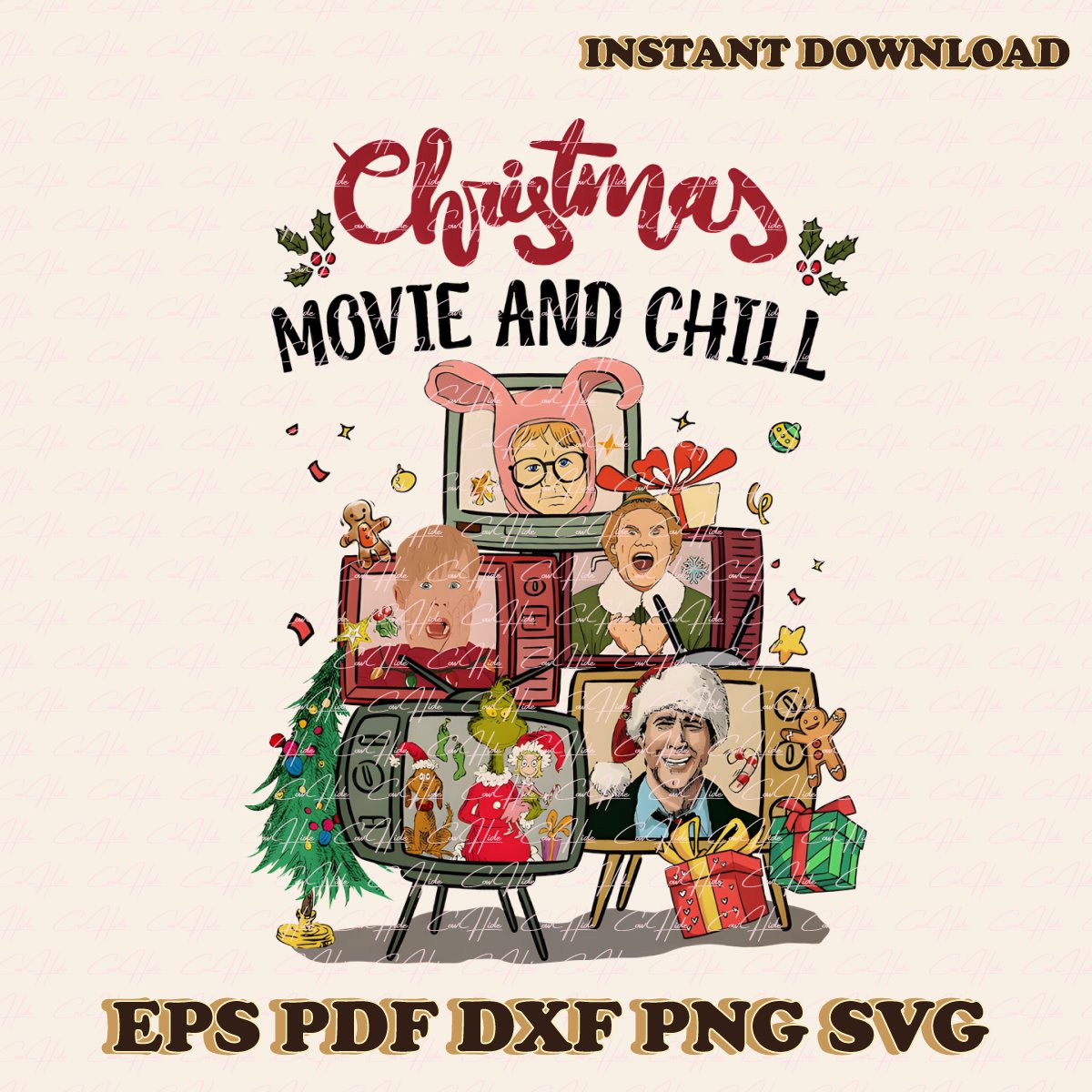 Vintage Christmas Movie And Chill Characters PNG Download - Inspire Uplift