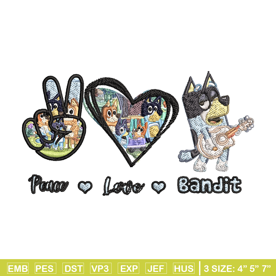 Bluey Peace Love bandit Embroidery design, Bluey cartoon Emb | Inspire ...