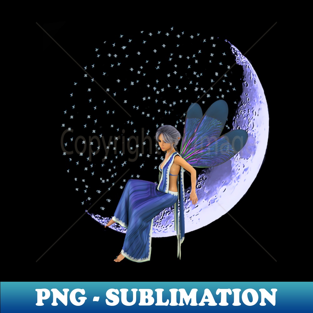 Fairy faerie elf sitting on sickle moon with stars in blue d - Inspire ...