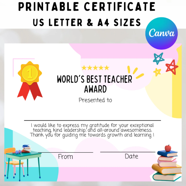 Teacher Appreciation Award Printable, Worlds Best Teacher, P | Inspire ...