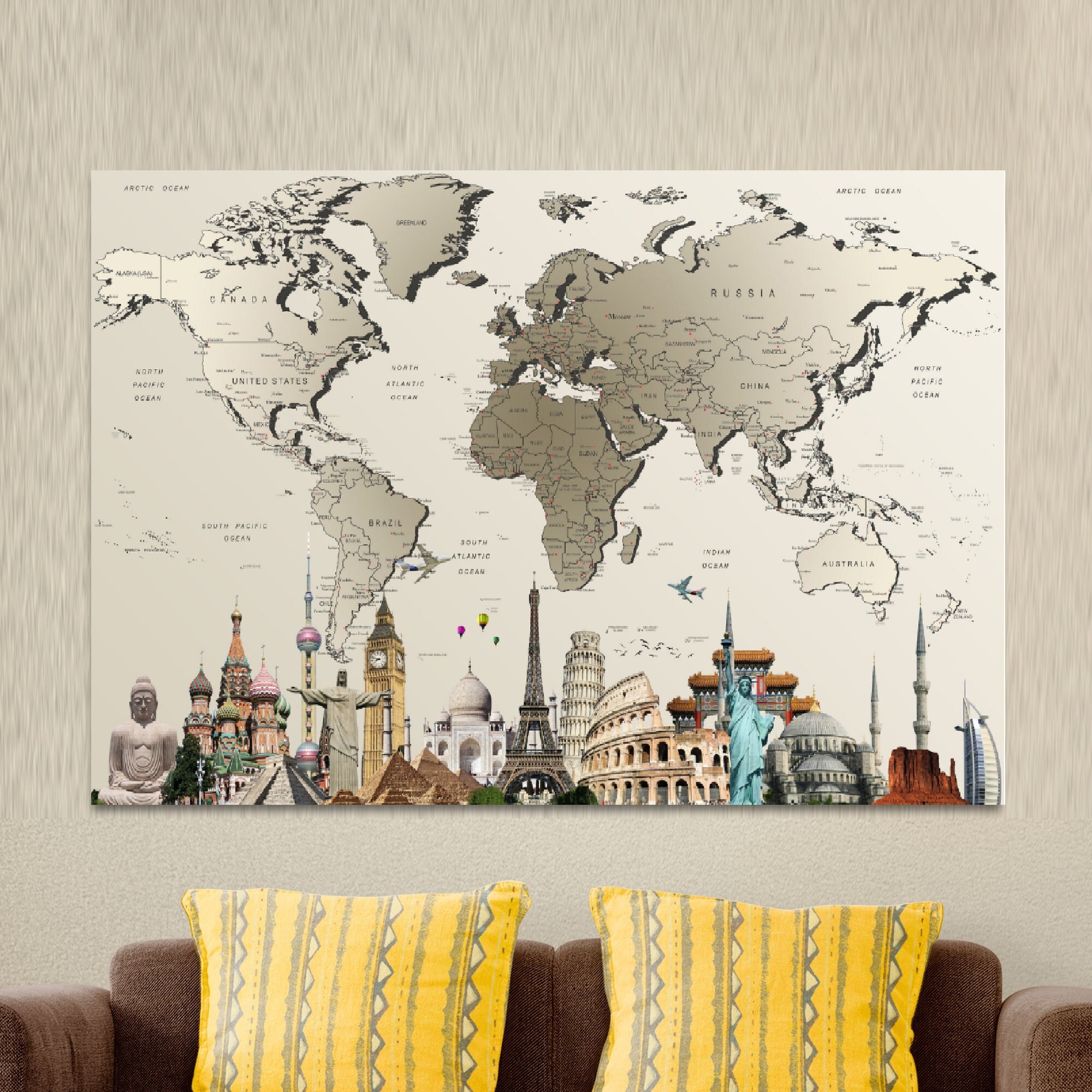 World map, Home Decoration, World Map Wall Art, Symbol monum | Inspire ...