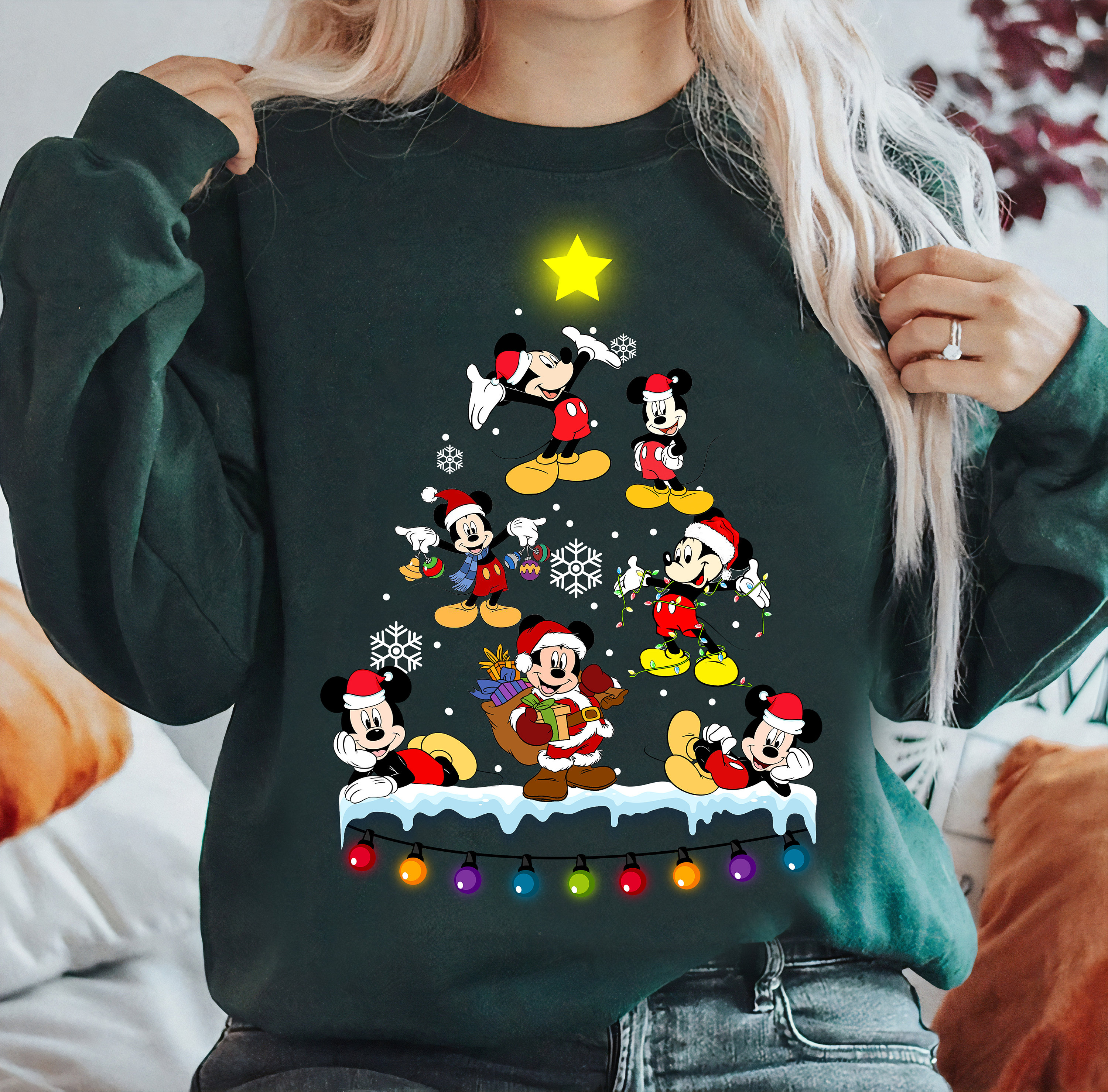 Disney Santa Mickey Mouse Christmas Tree and Lights Shirt, M | Inspire ...