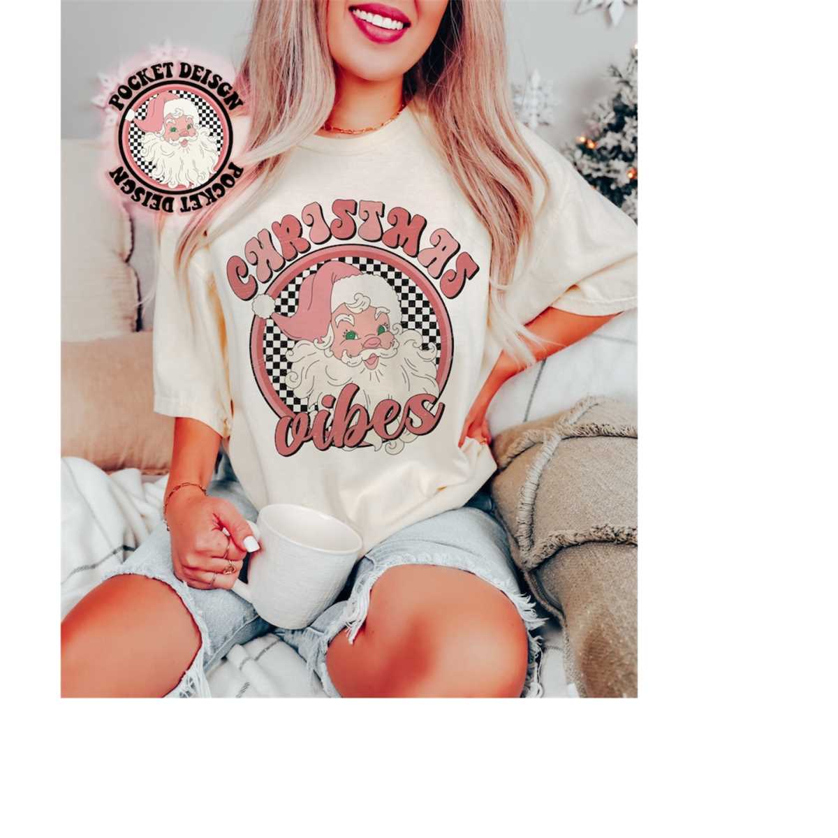 Retro Christmas Vibes png, Checkered Pink Santa Claus Png, G | Inspire Uplift