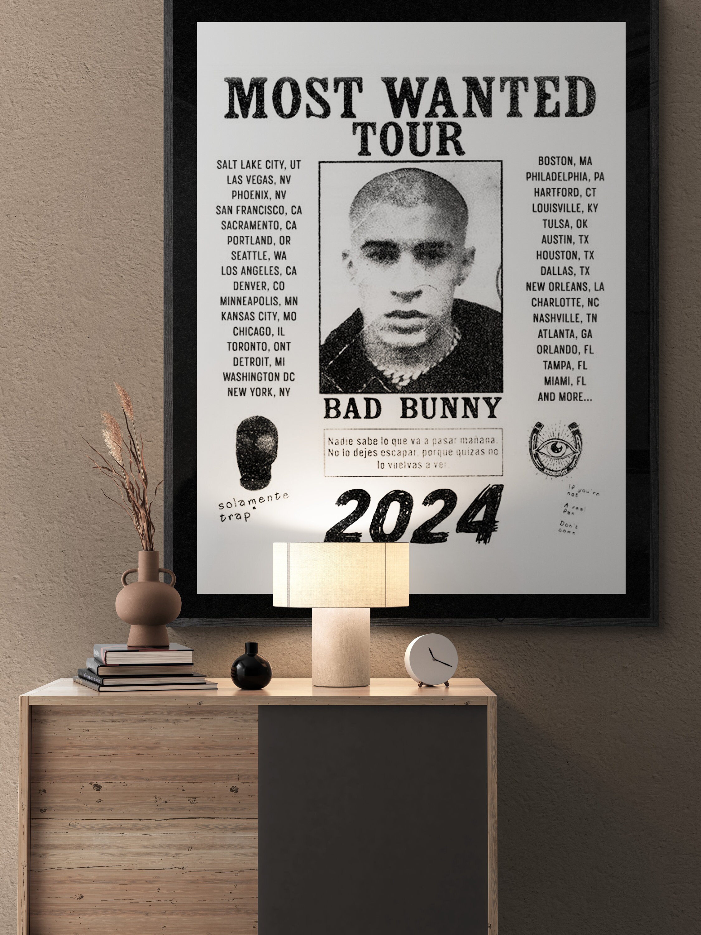 Bad Bunny Most wanted tour 2024 poster, Bad bunny tour merch - Inspire ...