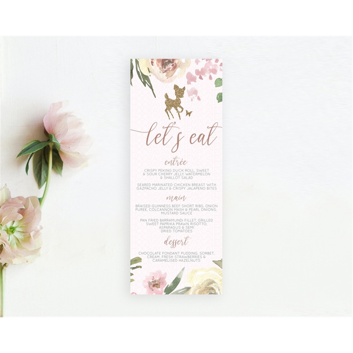Fawn Menu Deer Menu Template Pastel Floral Deer Table Decor - Inspire ...