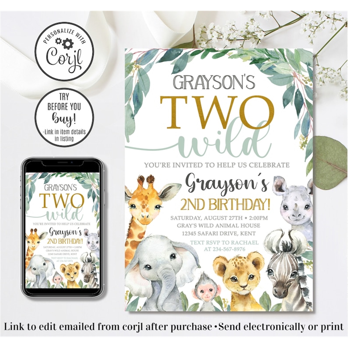 Editable Safari Birthday Invitation, Boy Two Wild Invitation | Inspire ...