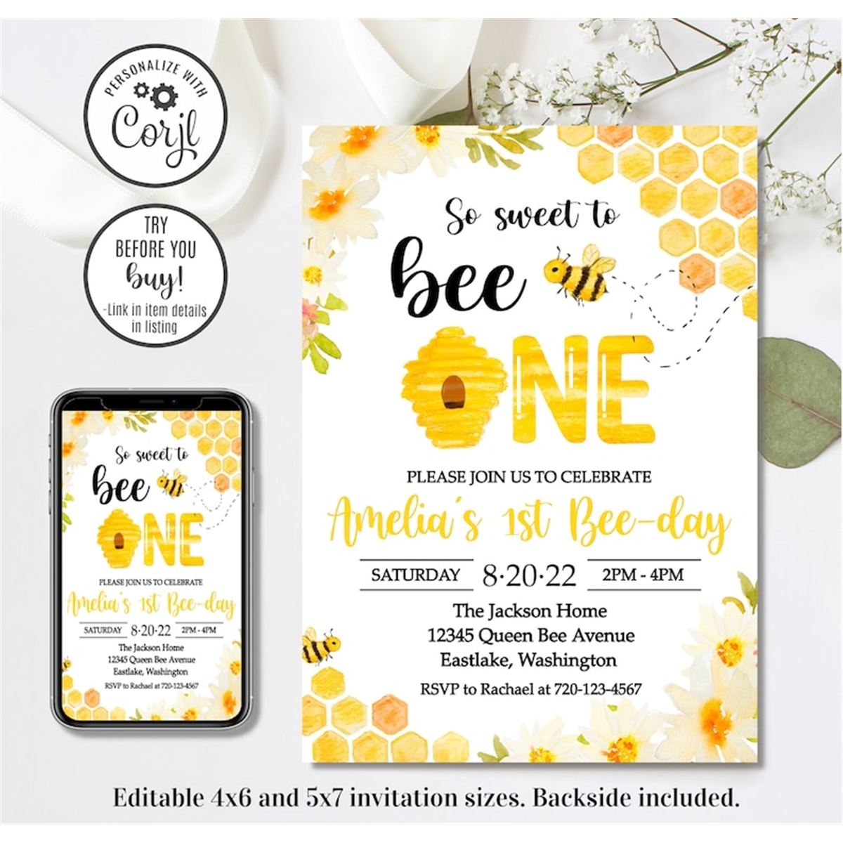 Editable Bee Birthday Invitation, Bee Invitation, 1st Bee-da - Inspire ...