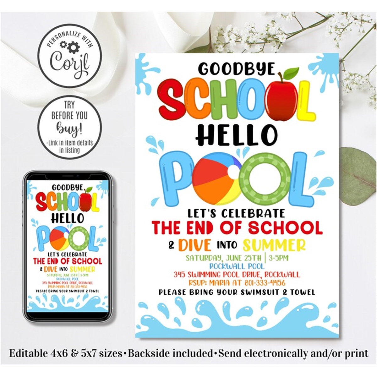 Editable Goodbye School Hello Pool Invitation, Pool Party In | Inspire ...