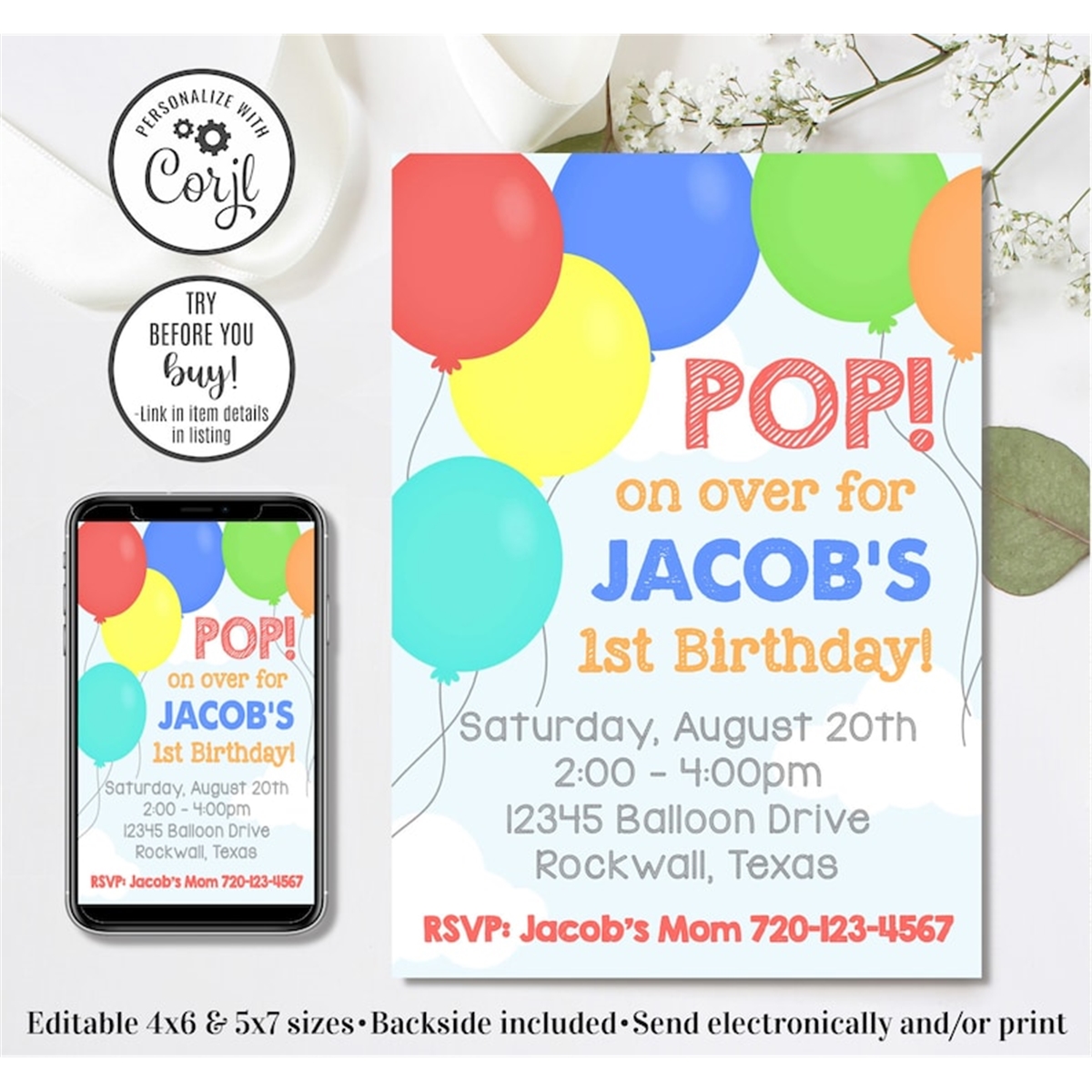 Editable Balloon Invitation, Balloon Birthday Invitation, 4x | Inspire ...