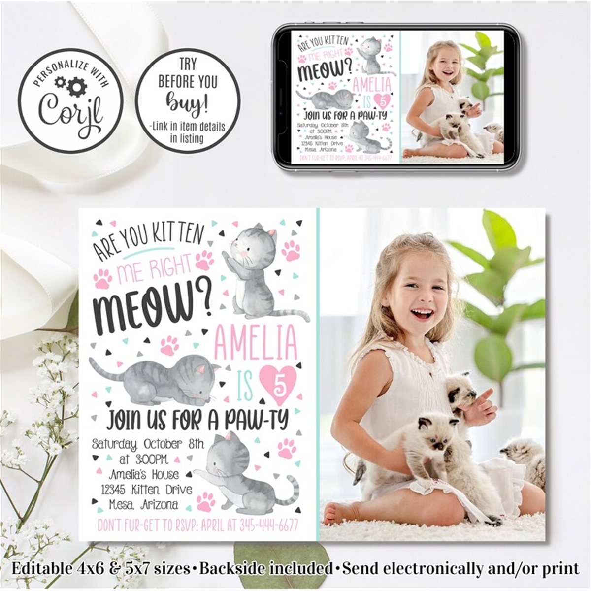 Editable Kitten Birthday Invitation, Kitten Invitation, Are | Inspire ...