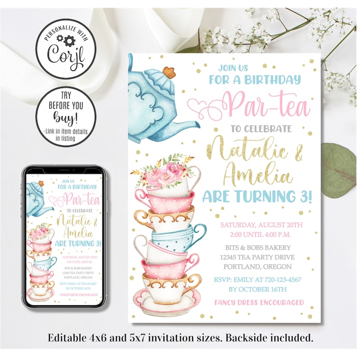 Editable Twins Tea Party Invitation, Par-tea Invitation, Twi - Inspire ...