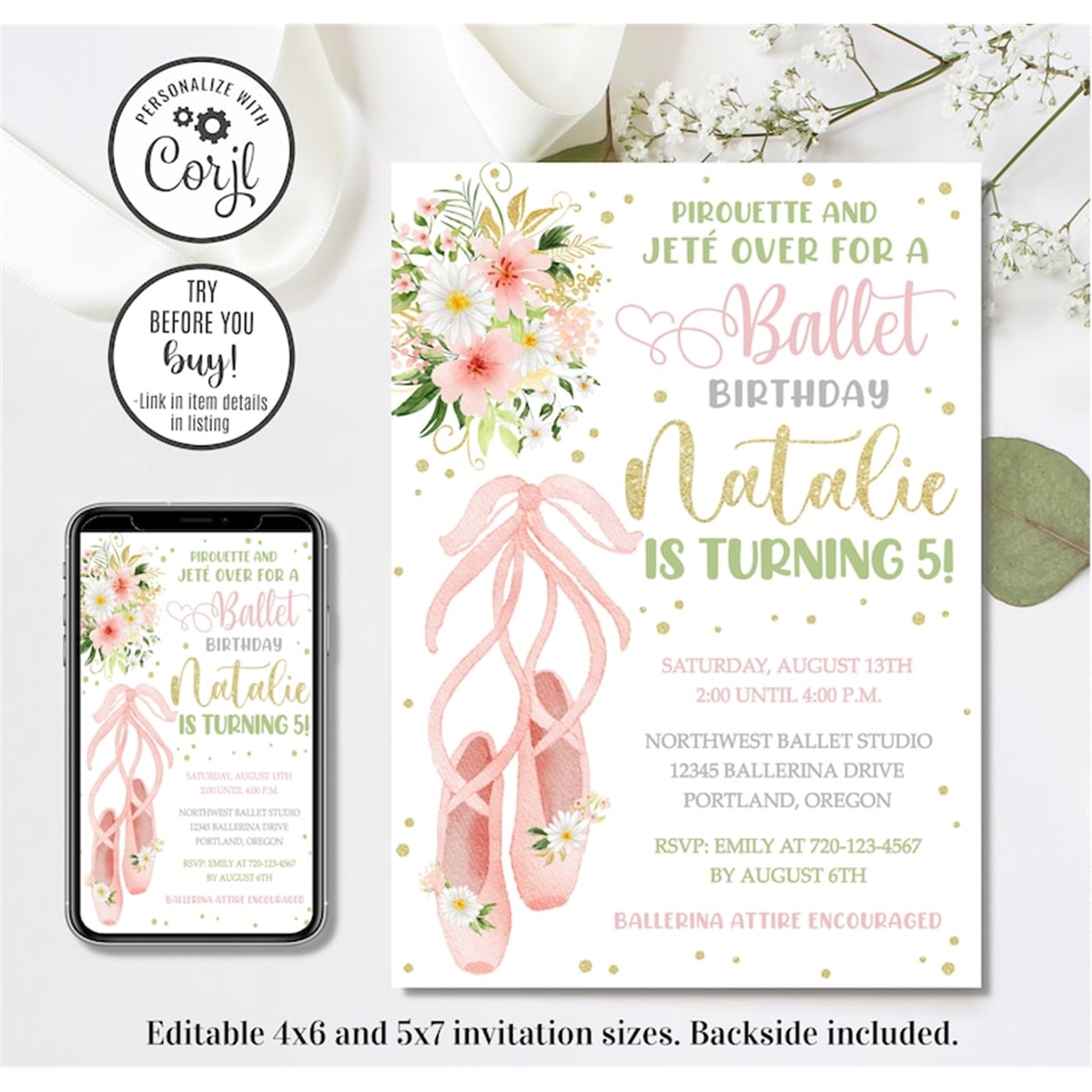 Editable Ballerina Invitation, Ballet Birthday Invitation, D | Inspire ...