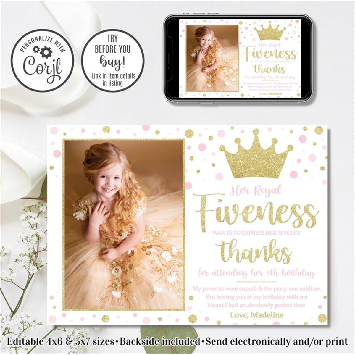 Editable Her Royal Fiveness Thank You Card, Princess Thank Y | Inspire ...