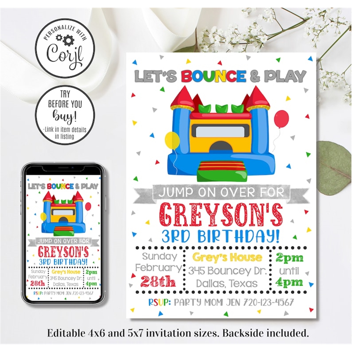 Editable Bounce House Invitation, Bounce Birthday Invitation | Inspire ...
