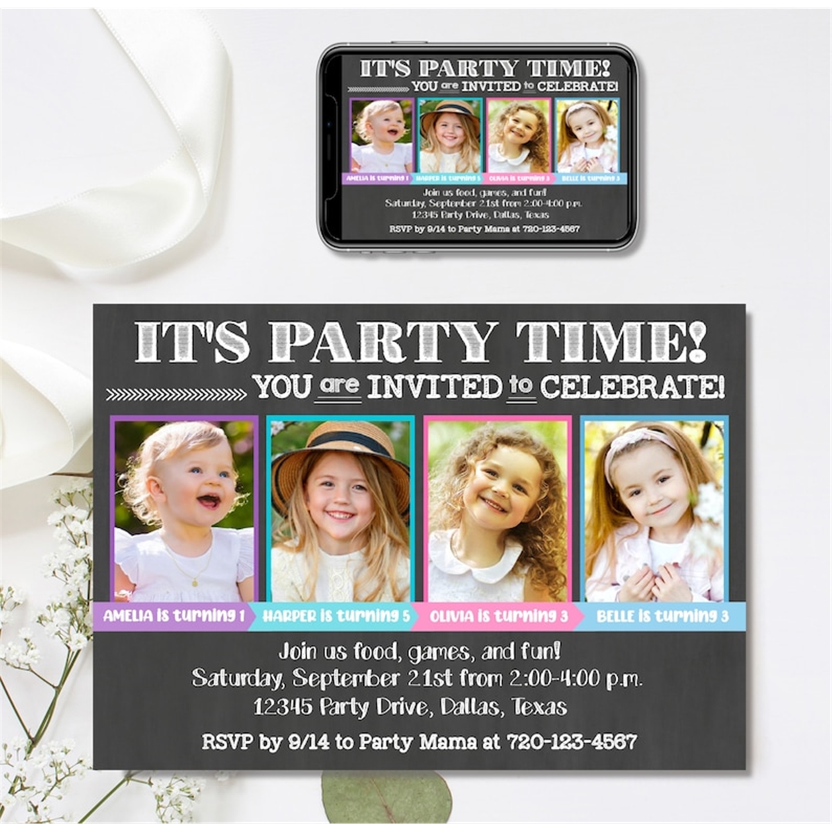 Editable Sisters Invitation, Girls Joint Birthday Invitation - Inspire ...