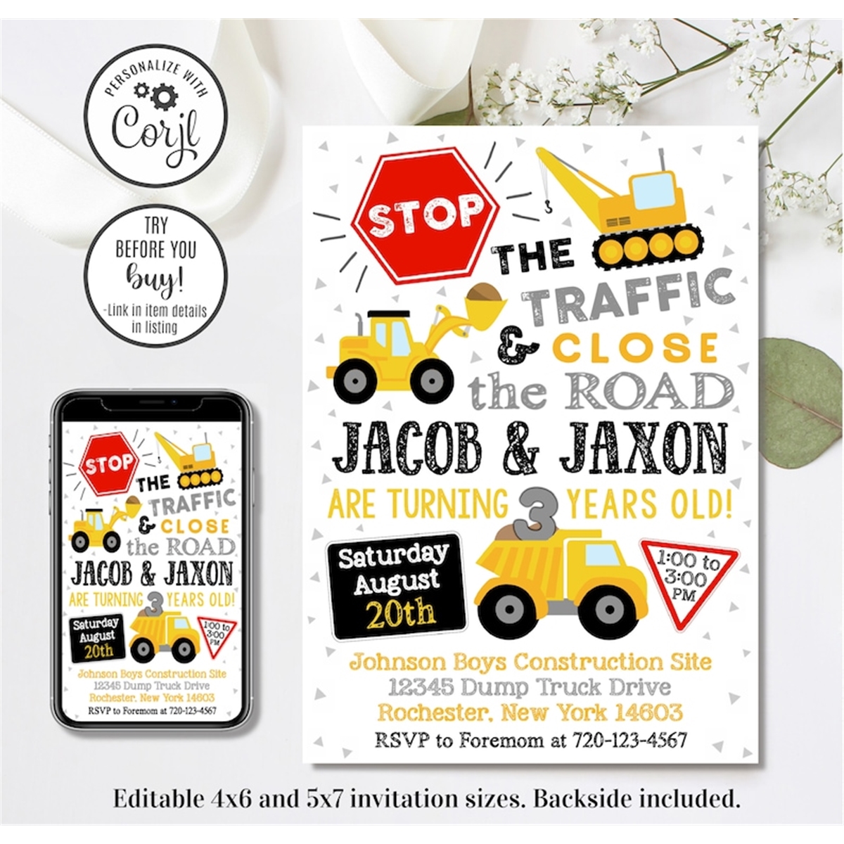 Editable Construction Invitation, Construction Birthday Invi | Inspire ...