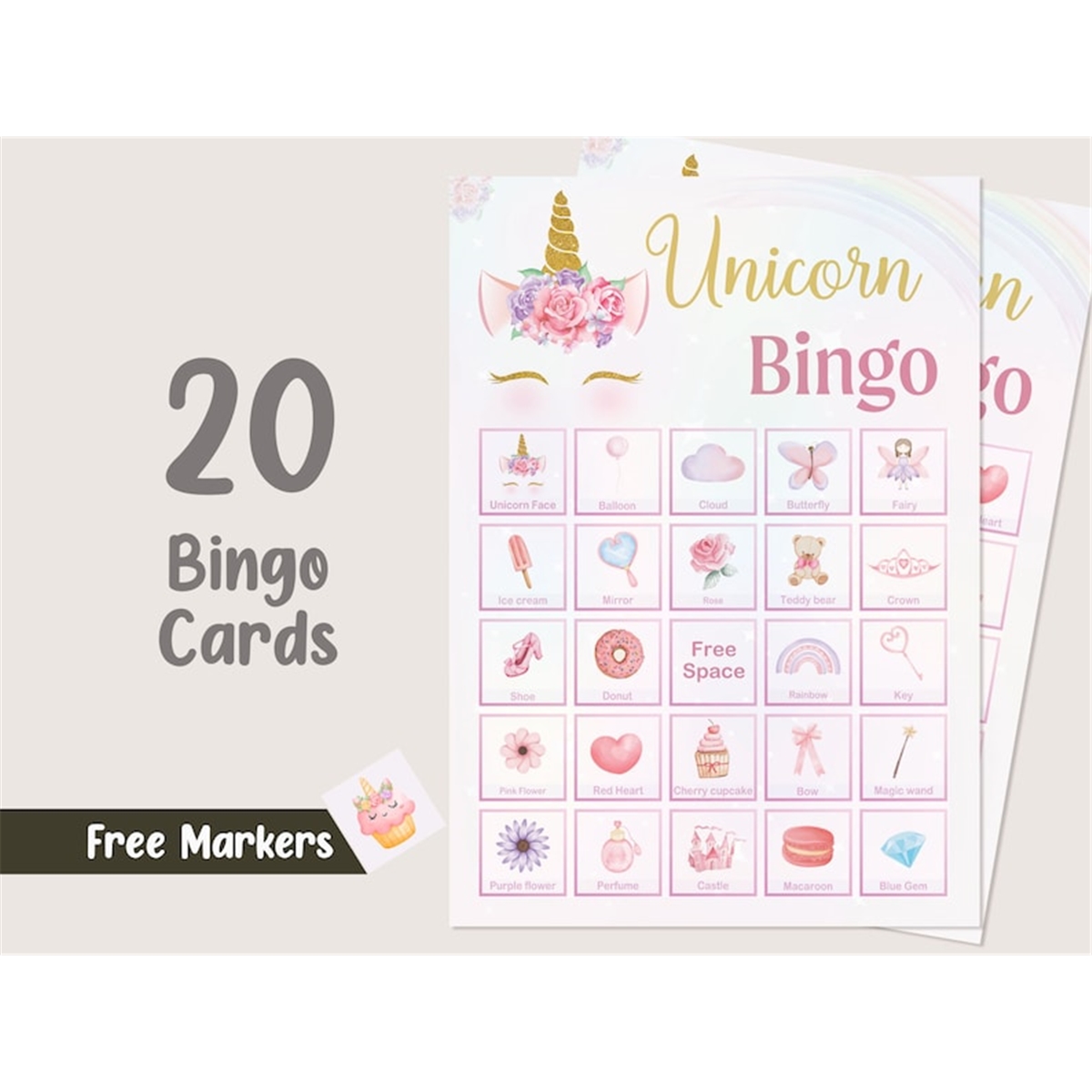 Unicorn Bingo Game 20 Cards Unicorn Party Games Unicorn Birt | Inspire ...