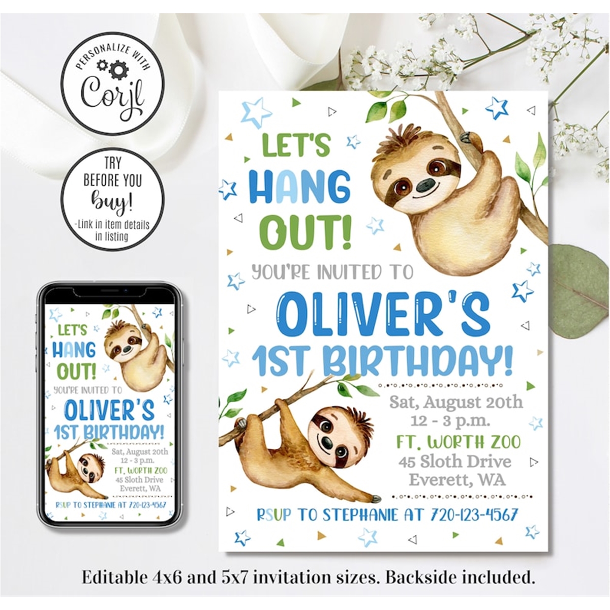 Editable Sloth Birthday Invitation, Sloth Invitation, Zoo Bi - Inspire ...