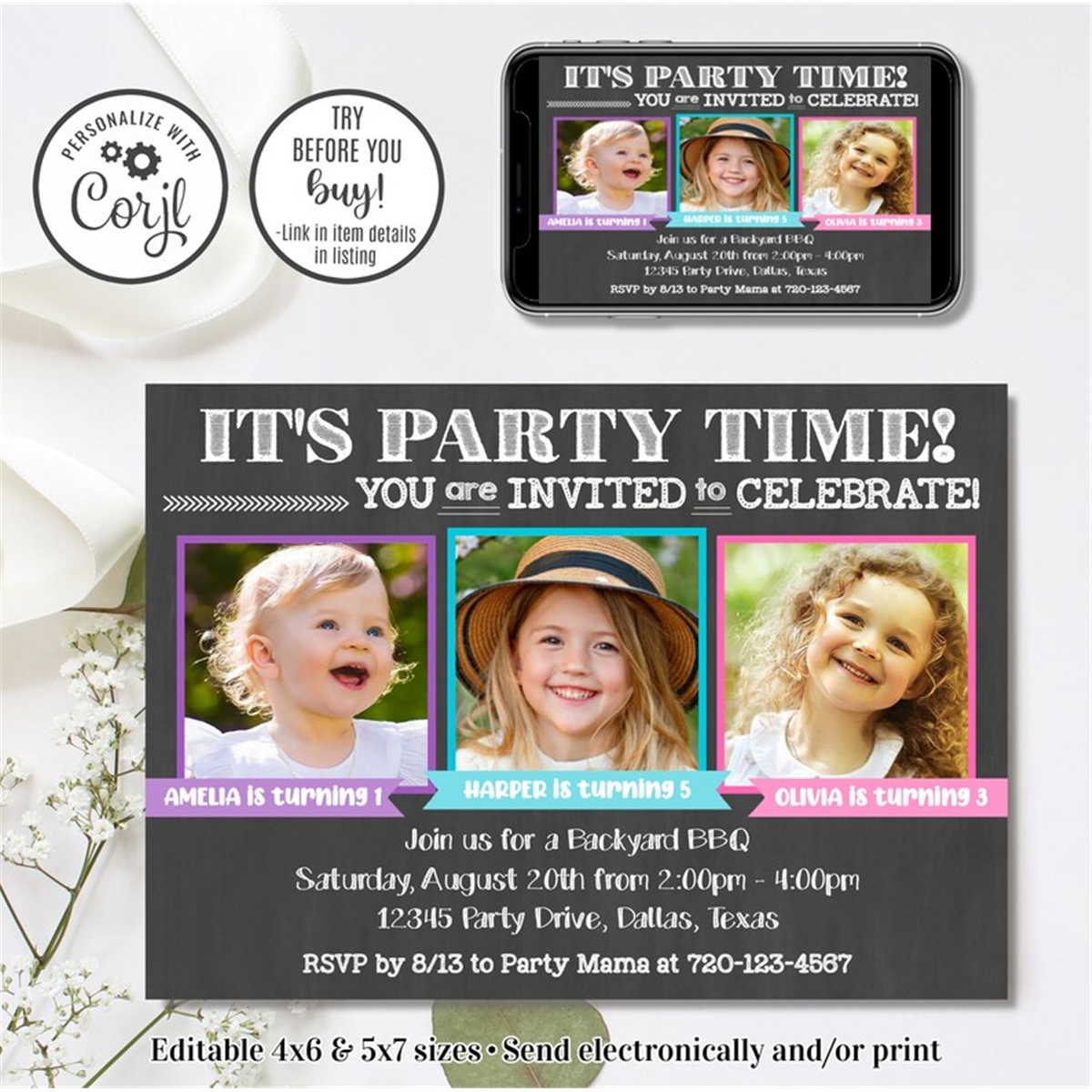 Editable Sisters Invitation, Girls Joint Birthday Invitation | Inspire ...