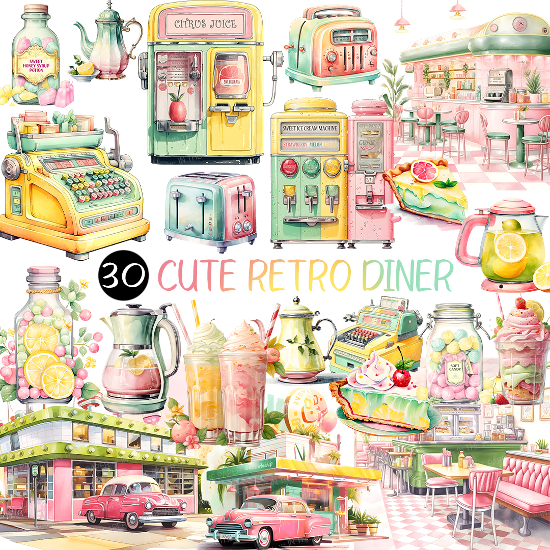 Cute Retro Diner Watercolor PNG | Adorable Pastel Clip art I | Inspire ...