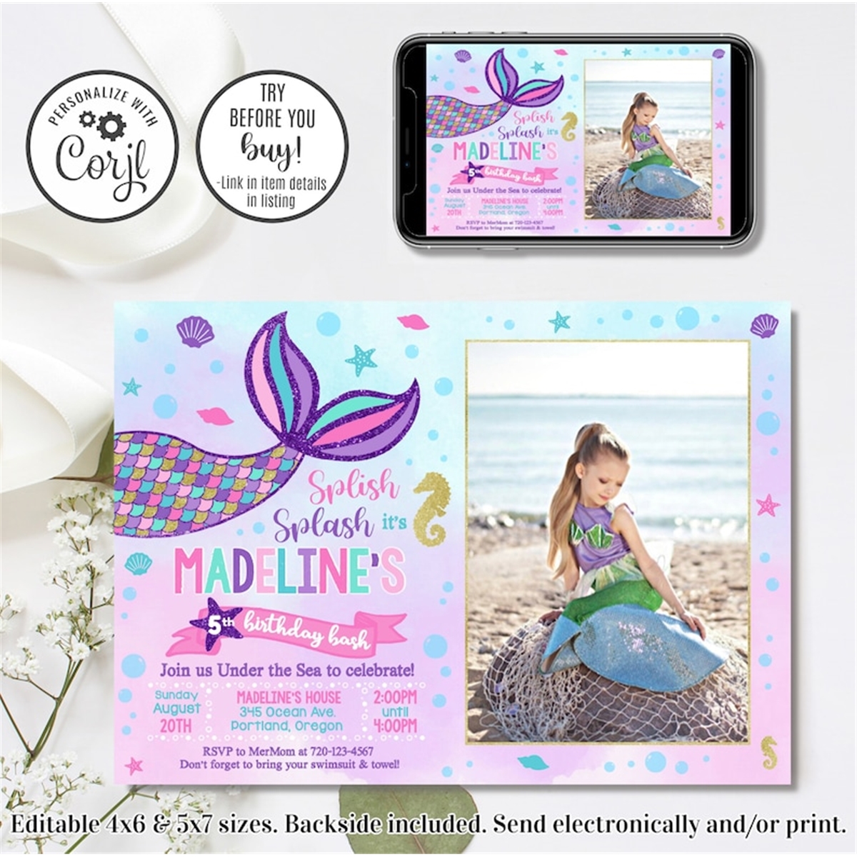 Editable Mermaid Birthday Invitation, Mermaid Invitation, Me - Inspire ...