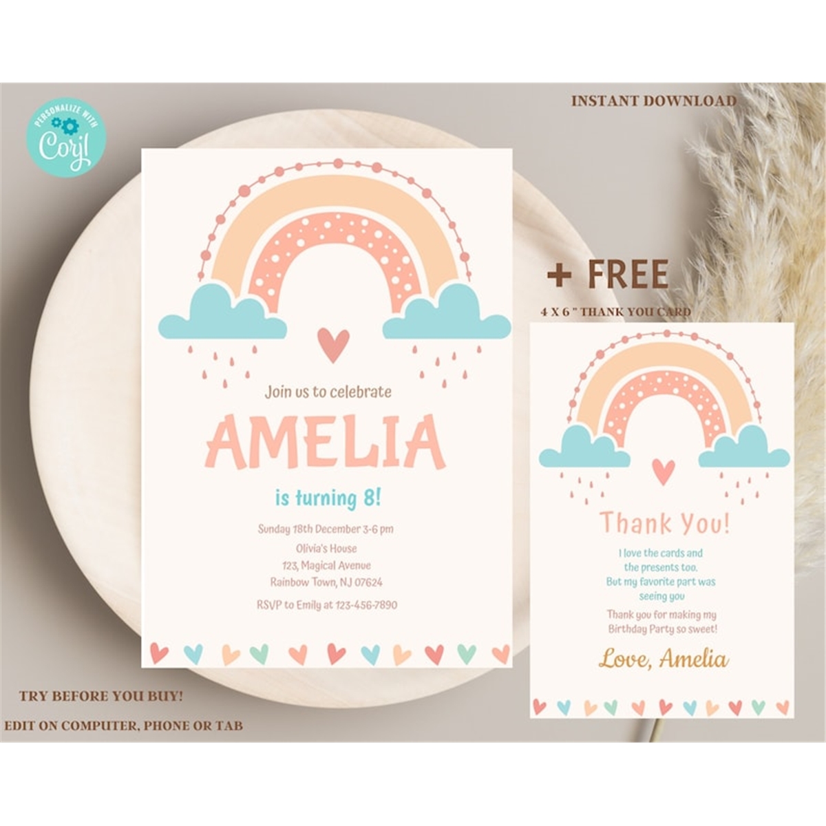 Editable Boho Rainbow Birthday Invitation Girl Boho Rainbow | Inspire Uplift