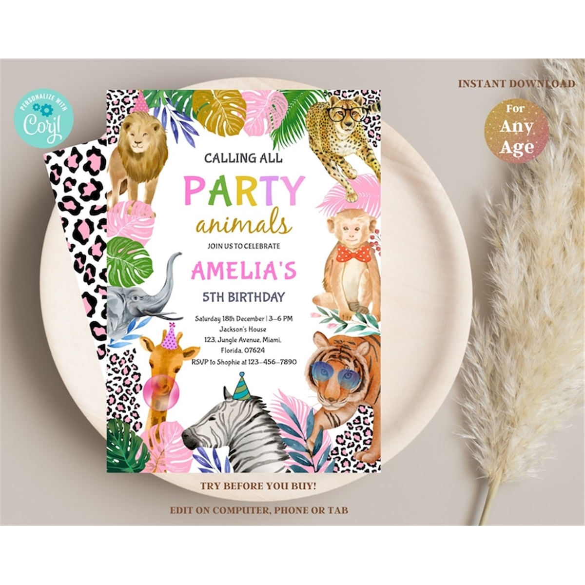 Editable Party Animals Birthday Invitation Leopard Print Saf | Inspire ...
