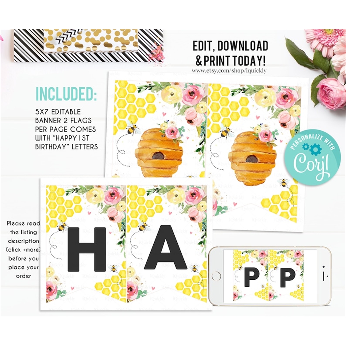 EDITABLE Bee Banner, Honey Bee Happy Birthday Banner, Printa | Inspire ...
